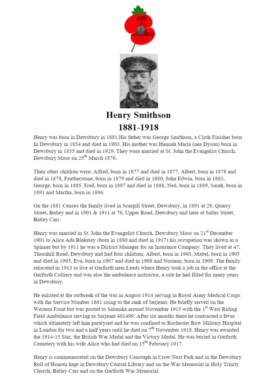 Henry Smithson – Sergeant 401499 – Garforth Roll Of Honour